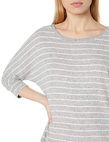 Daily Ritual Women's Cozy Knit Rib Dolman 3/4-Sleeve Sweatshirt, Grey Heather/White, Stripe, Medium