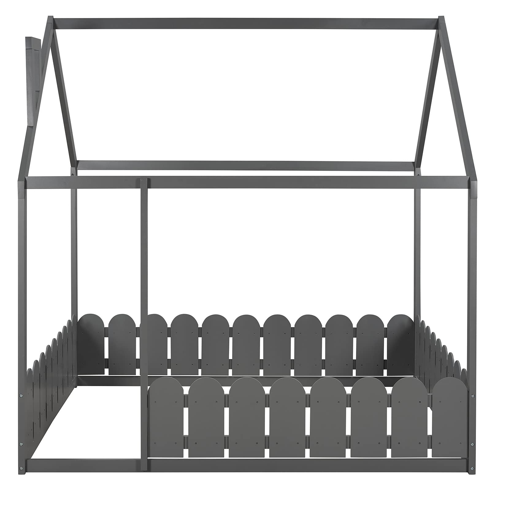 Kids House Beds, Full Floor Bed with Fence Wood Cabin Bed Frame Can be Decorated for Teens, Girls, Boys, Adults, Gray