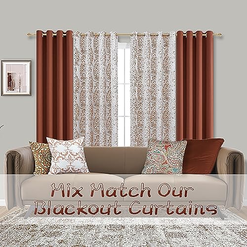 Mrs.Naturall Rusty Orange Curtains 63 Inch Length for Bedroom 2 Panels Grommet Burnt Orange Medallion Patterned Damask Moroccan Design Semi Sheer Drapes for Living Room,Terracotta and Gray Cream