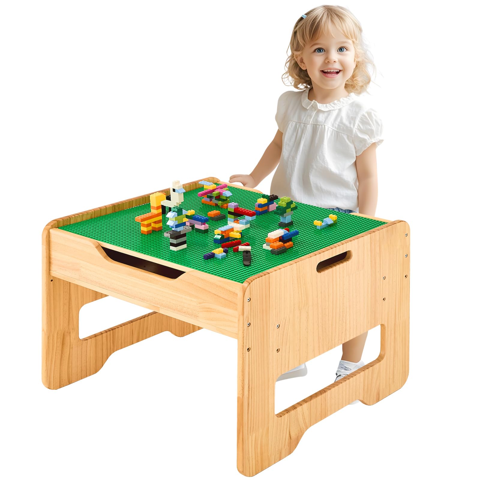 FUNLIO Height Adjustable Wooden Activity Table for Kids Ages 3+, Solid Wood Kids Play Table with 450pcs Building Blocks & Large Storage, 2-in-1 Toddler Table for Play/Learnig, CPC & CE Certified