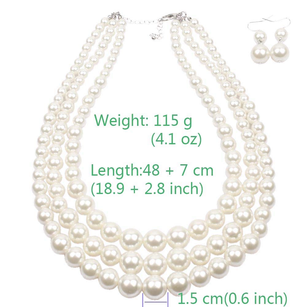 Daimay Simulated Pearl Chokers Multi-Layer Pearl Necklace Multi-Strand Pearl Statement Bridal Choker Necklace for Wedding Party Jewelry 20s Flapper Necklace for Party with Earring -White