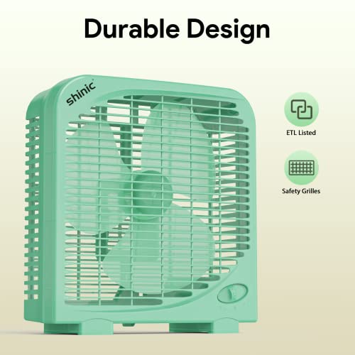 shinic Box Fan 10 Inch, 2 Speeds, Table Fan with Strong Airflow, Energy Efficient Small Window Fan, Air Circulation Portable Kitchen Exhaust Fan for Bedroom Bathroom, and Tabletop, green