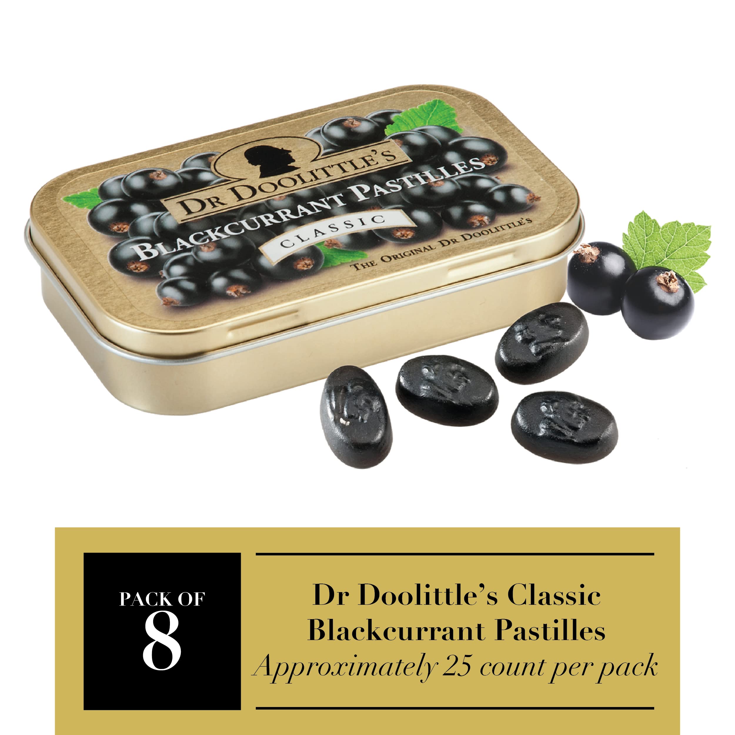 Dr. Doolittle’s Classic Soft Fruit Pastilles for Voice and Throat, Blackcurrant Flavor, 2.12 Ounce Tin, Approximately 25 Count Package, 8 Pack