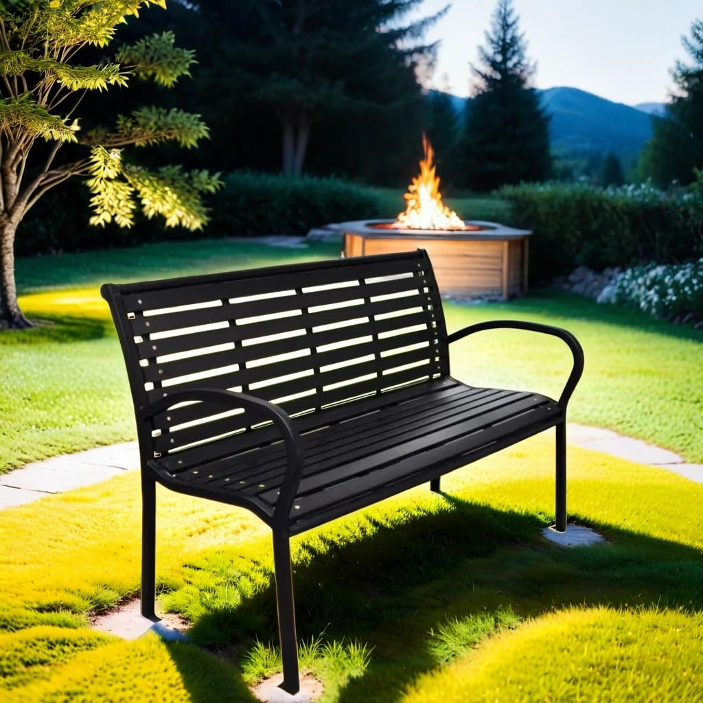 FunMay Patio Bench, Black Steel and WPC, Durable Outdoor Seating