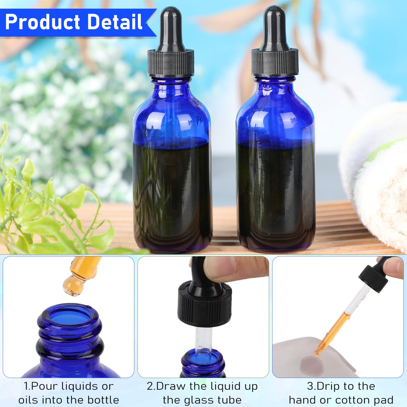 Epakh 100 Pack Glass Dropper Bottles, 2 oz Tincture Vials with Eye Droppers for Essential Oils, Liquids, Leakproof Travel Bottles (Blue)
