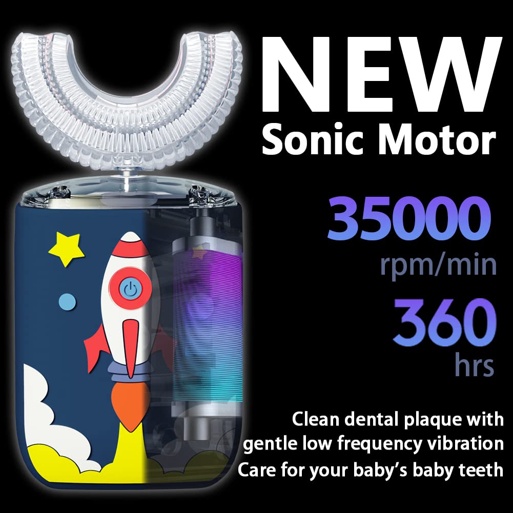 Kids U Shape Electric Toothbrushes Ultrasonic Whole Mouth Auto Toothbrush with 6 Cleaning Modes 2 Brush Heads Brushing Timer Lights IPX7 Waterproof Rechargeable Rocket Cartoon Design for Ages 2-6