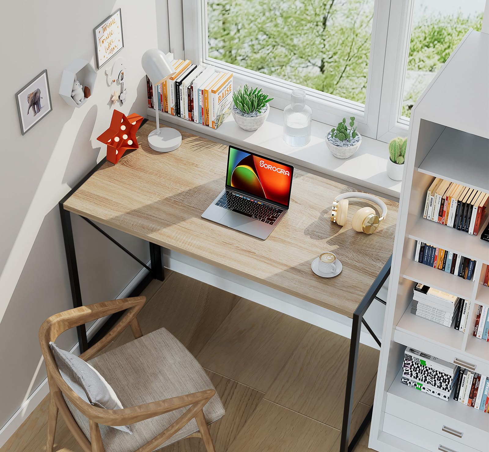 Coavas Computer Desk Writing Study Desk Folding Laptop Table for Home Office Modern Simple Workstation Brown Desktop Black Frame