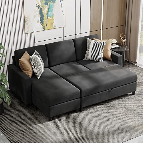 JAMFLY 79'' Sectional Sofa Couch with Storage Ottoman, Living Room Furniture Set Small Deep Convertible Sofa, L-Shaped Couch Wide Reversible Chaise with Linen Fabric (Charcoal Grey)