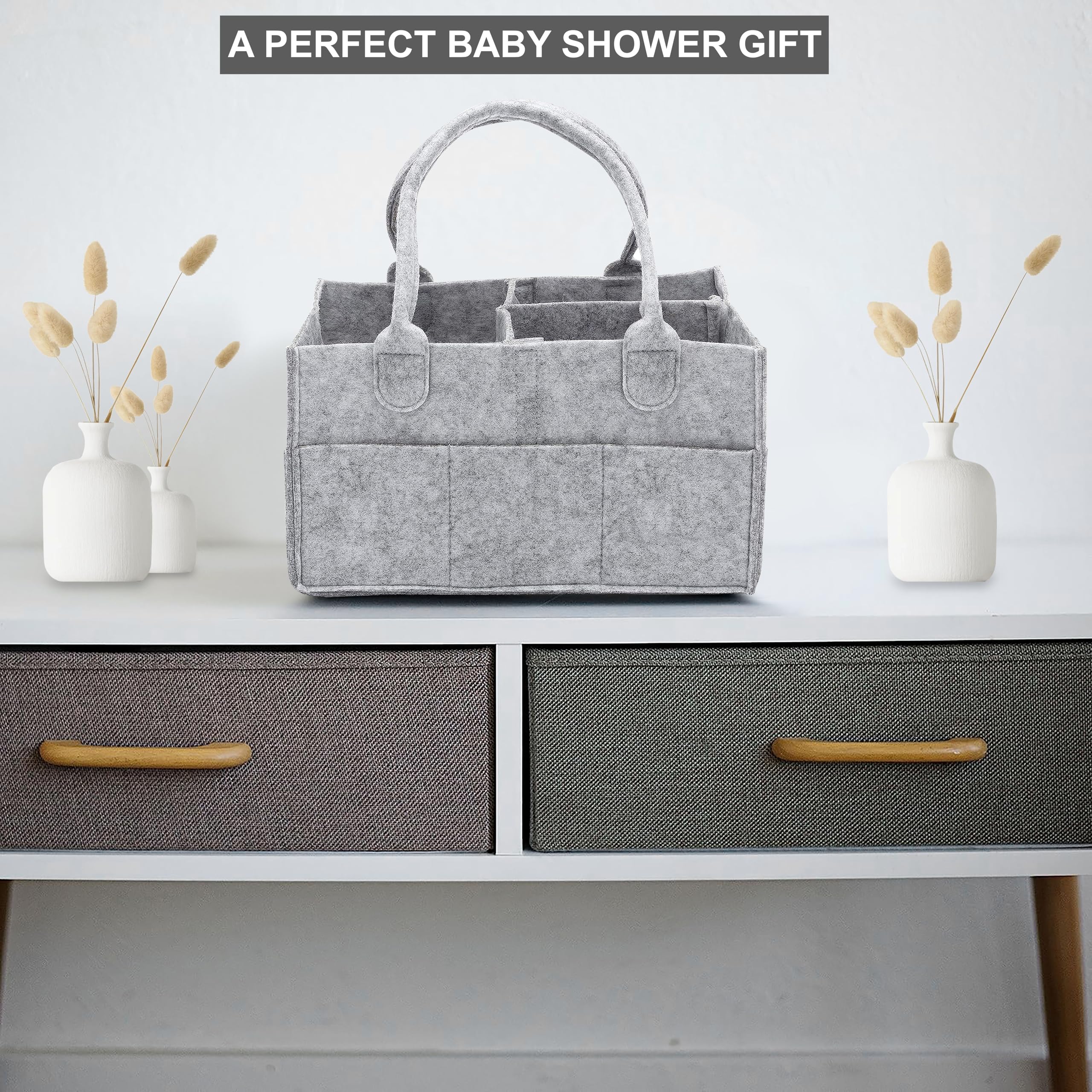 Diaper Caddy Organizer for baby - Nursery Storage Bin, Caddy Organizer with Handle - Car Organizer for Diapers, Baby Basket for Newborn Boy & Girl (Grey)