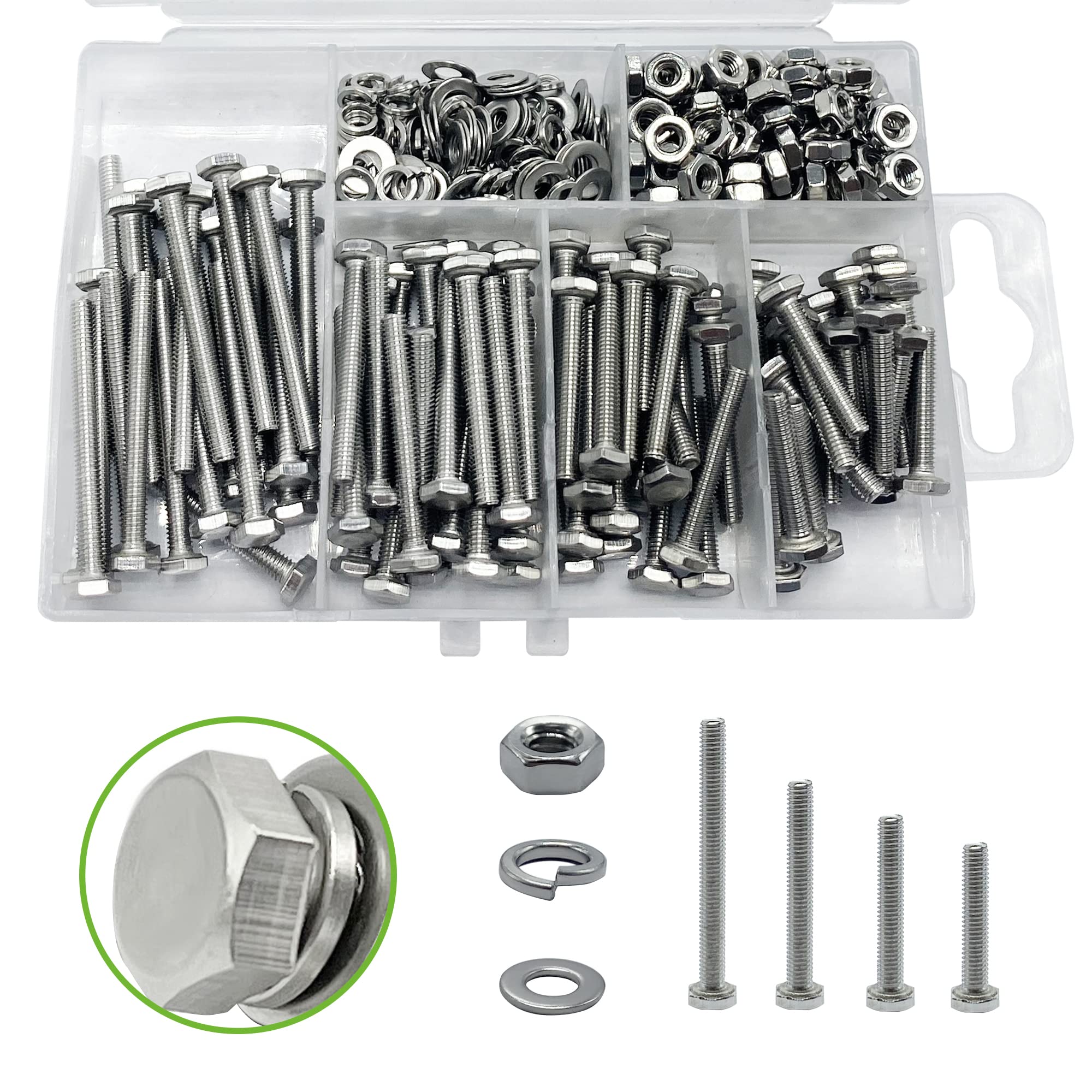 ECKJ M3 Stainless Steel Hex Head Screws Bolts Nuts Flat Spring Washers Assortment Kit 400Pcs(100 Set) Metric Hexagon Cap Screws, Fully Threaded, External Hex Drive 4 Lengths (16/20/25/30mm)