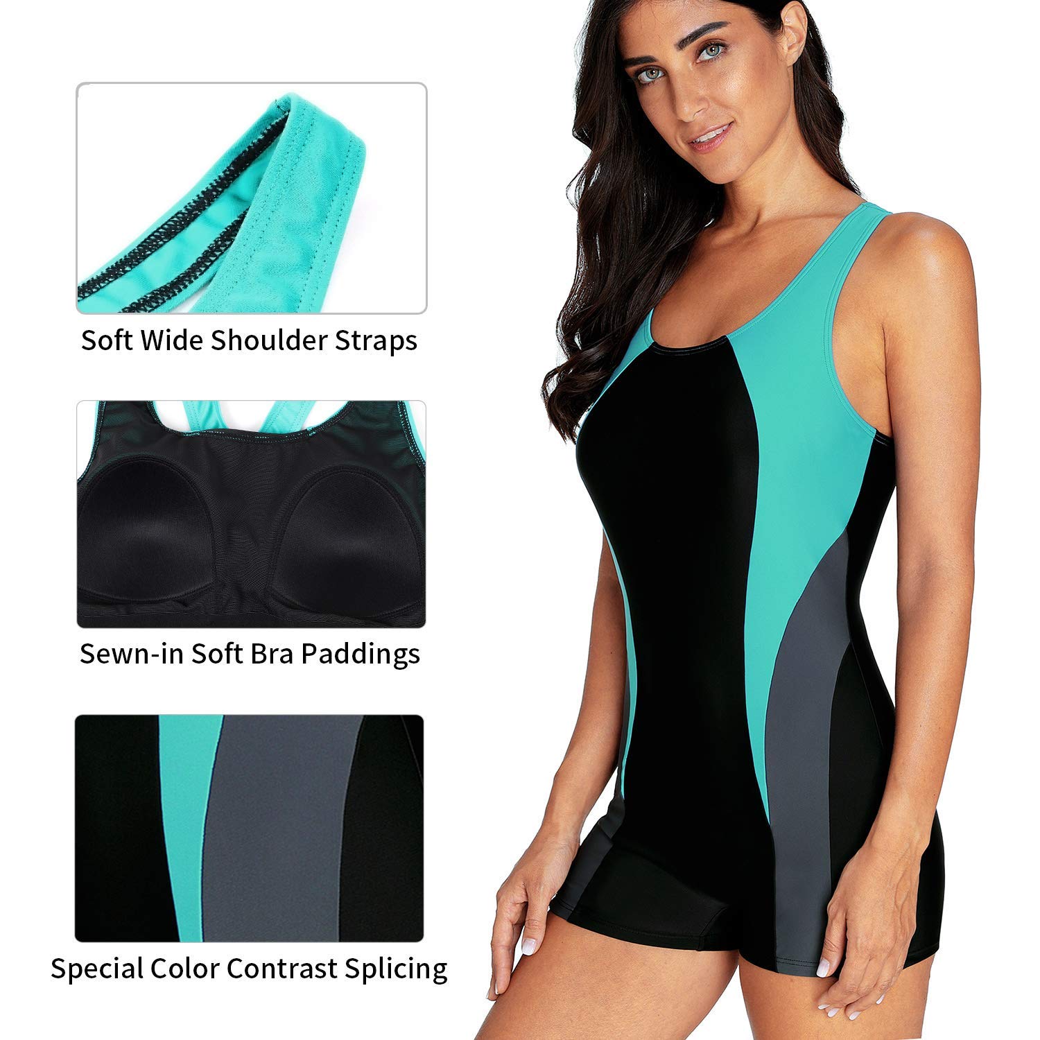 CharmLeaks Women Competitive Professional Swimsuit Lap Swimming Modest 1 Piece Swimsuit Boyleg Aqua Black M