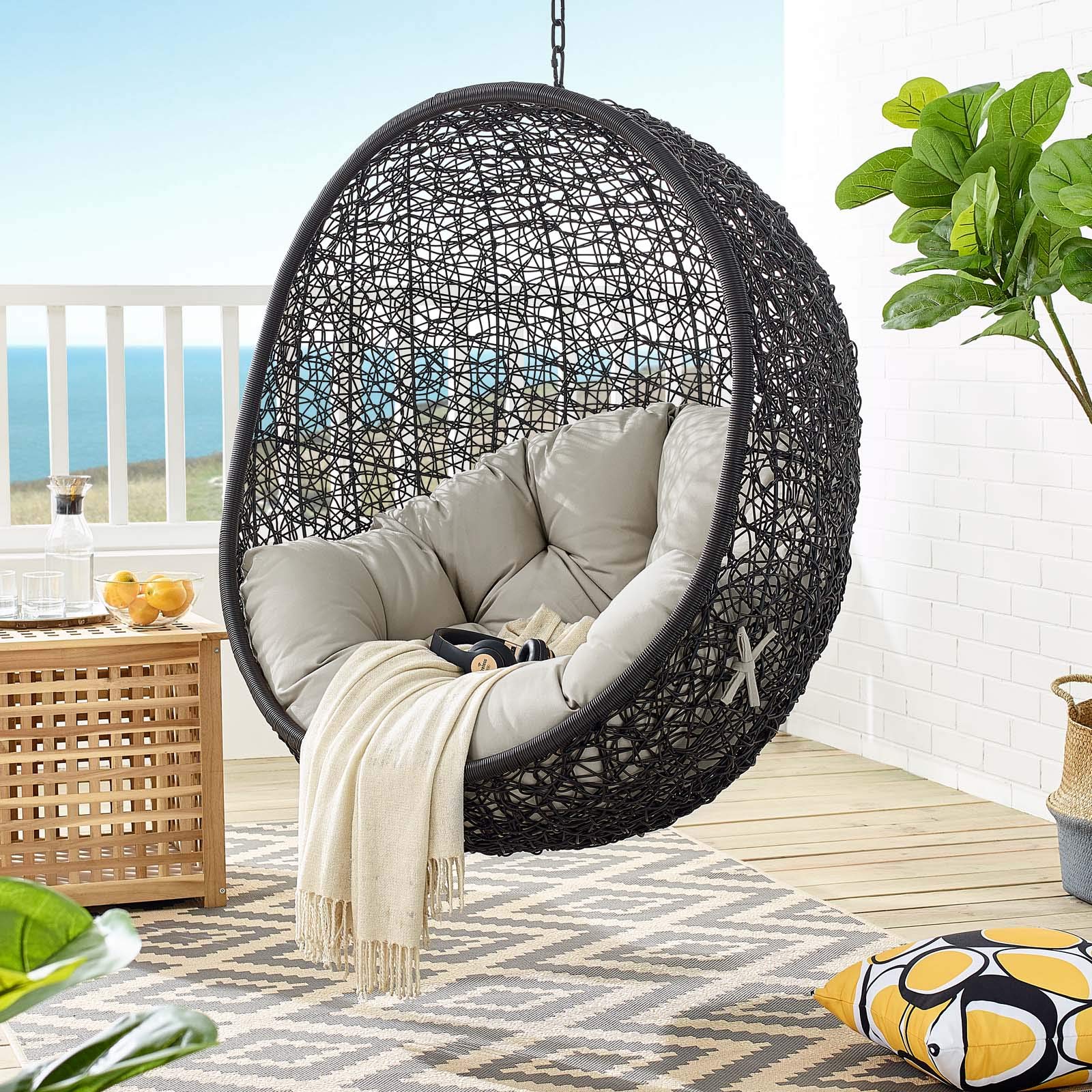 Modway EEI-739-BEI-SET Encase Wicker Rattan Outdoor Patio Porch Lounge Egg, Swing Chair with Stand, Beige