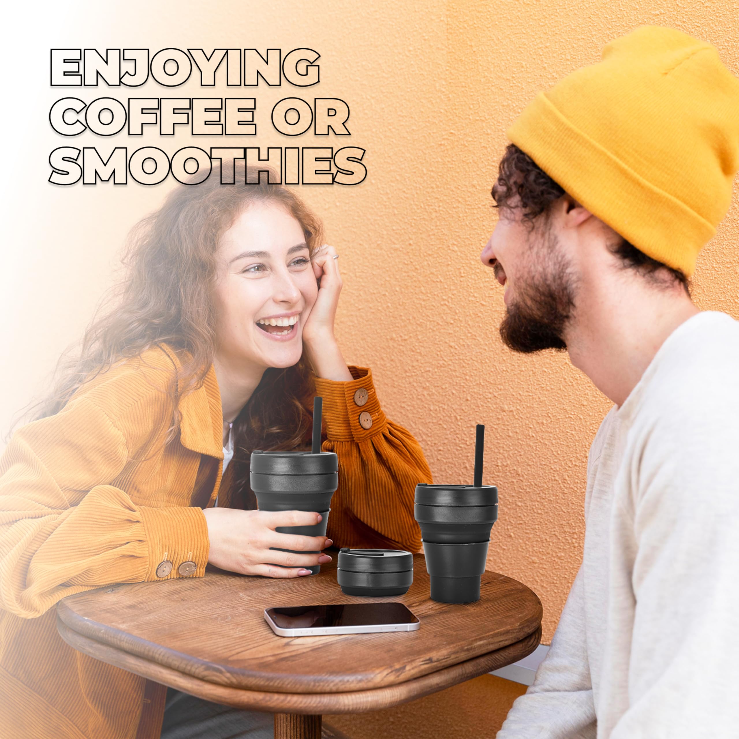 HYDRATE Collapsible Cups for Traveling - 13.5oz Black Reusable Cup, Microwave & Dishwasher Safe - Enjoy Hot or Cold Beverages Anywhere, Anytime with this Convenient, Travel Coffee or Tea Mug with Lid
