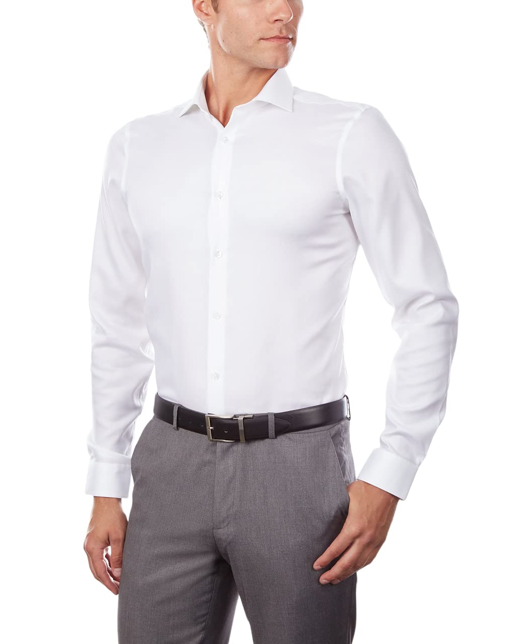 Calvin Klein Men's Dress Shirt Slim Fit Non Iron Stretch Solid, White, 15.5" Neck 32"-33" Sleeve