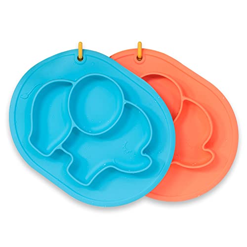 TRUMPETIC Elephant Silicone Suction Plate With Hanging Hole, Divided Toddler Plates, Skidproof & Unbreakable, BPA Free, Dishwasher Microwave Safe (Orange)