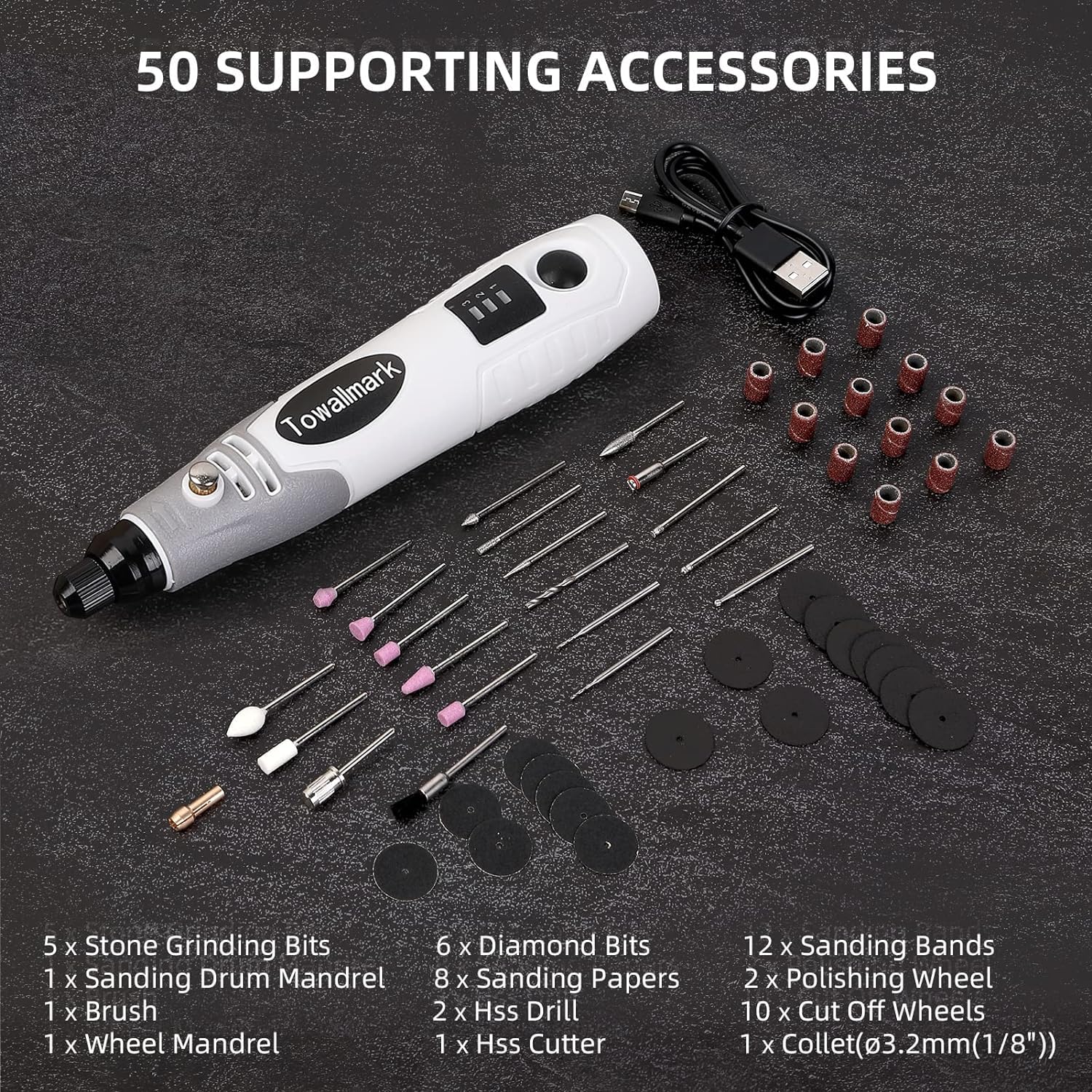 Mini Rotary Tool Cordless, 3.6V With 50 Accessories,USB Charging,3-Speed Power Rotary Kit For Small Light Projects as Sanding,Polishing,Engraving, DIY Crafts