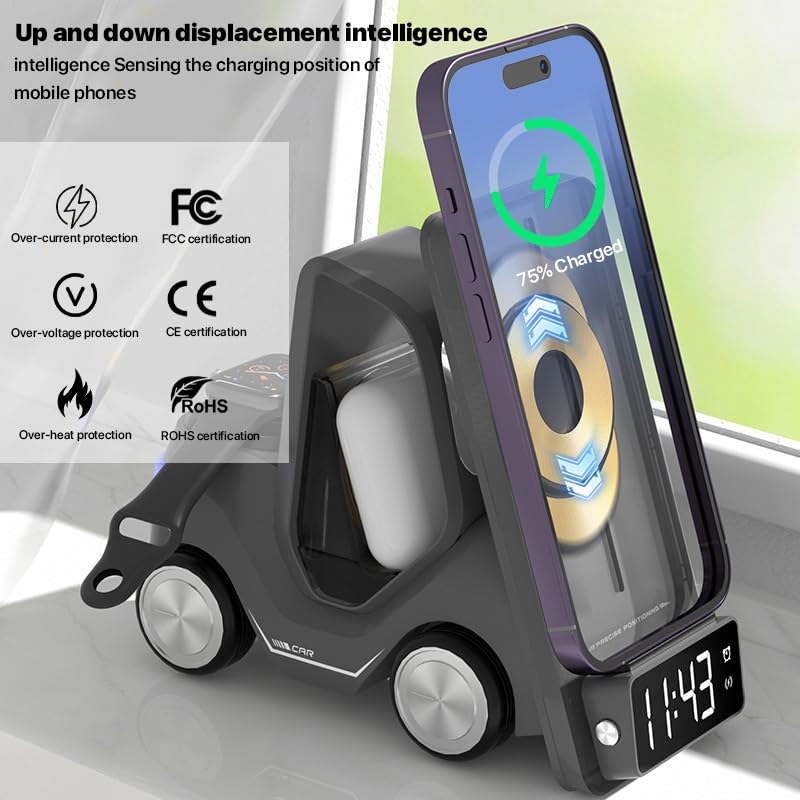 Diecallan 5 in 1 Wireless Charging Station 20W Adapter Fast Wireless Charging Apple Devices for iPhone 15/14/13/12 Series for AirPods Pro/3/2,for Apple Watch/iWatch Support Alarm Clock Light(Grey)