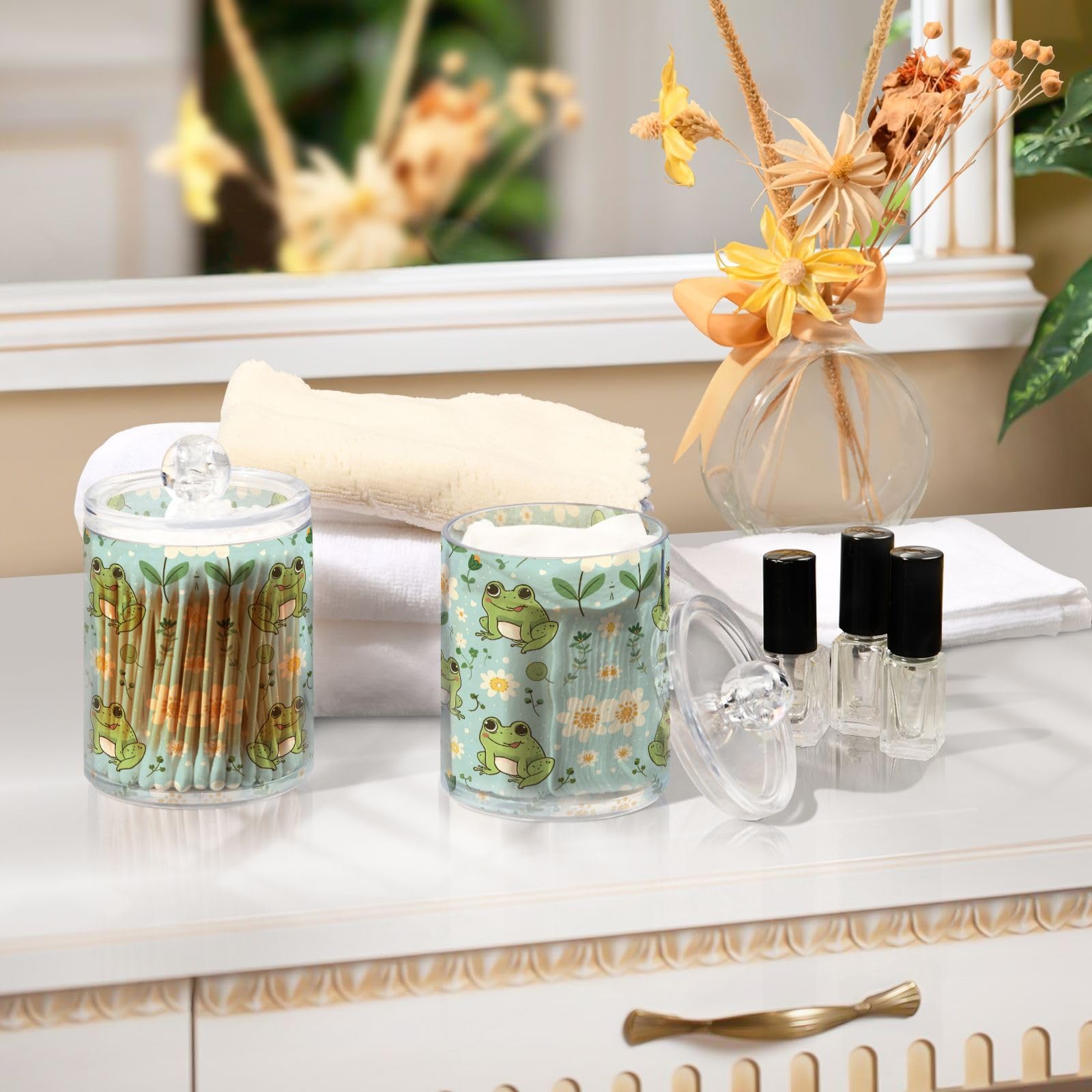 GOODOLD Cute Kawaii Frogs Qtip Holder 2 Pack - 10 Oz Clear Plastic Apothecary Jar Set for Bathroom Organization - Versatile Canister Storage for Cotton Balls, Swabs, Rounds