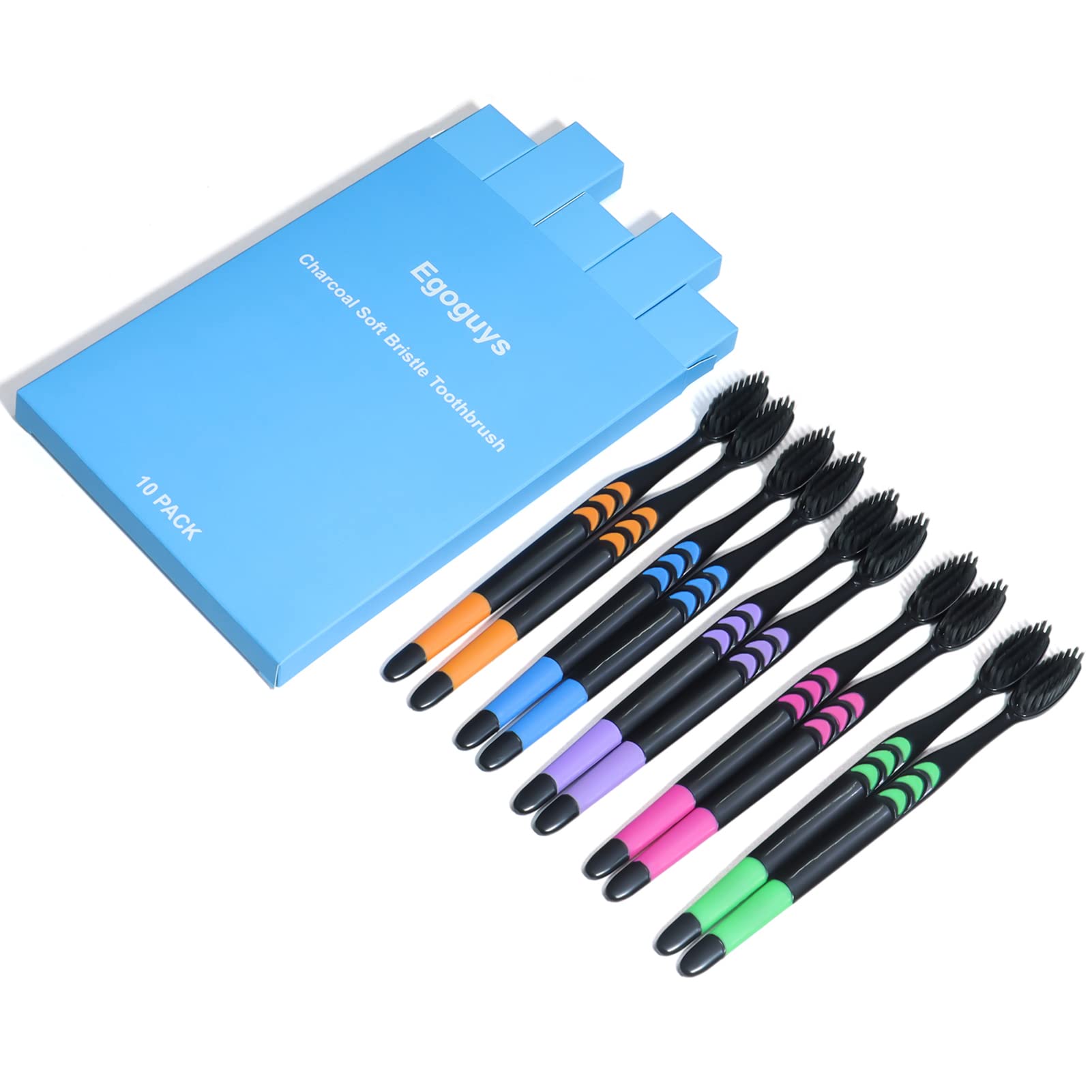 Egoguys Travel Toothbrush Activated Charcoal Bristle Adsorption Plaque Bacteria Keep Breath Fresh Slim Soft Bristles Deep Clean Tooth Prevent Bleeding Gums Teeth Whitening Brush (10 Pack in 5 Colors)