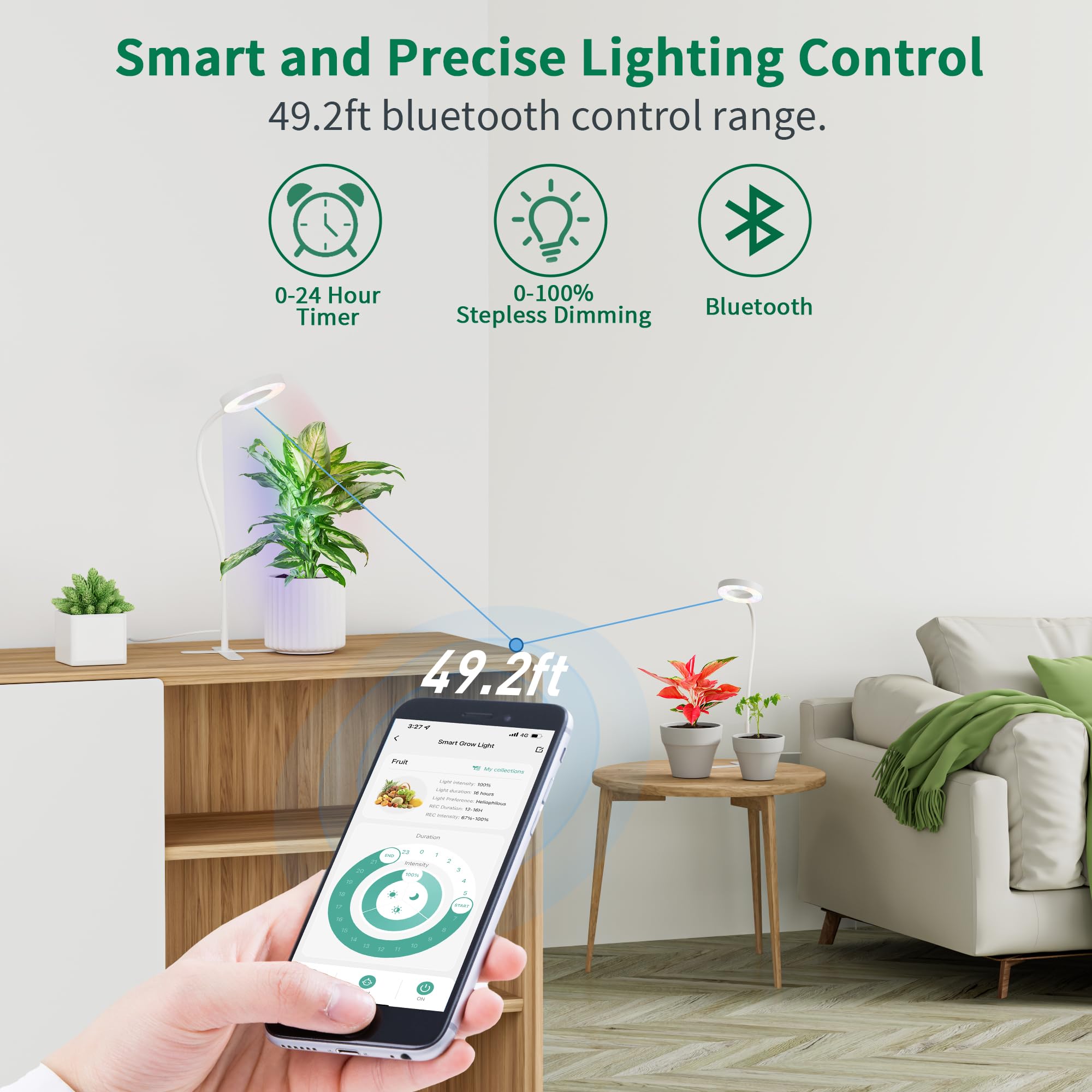 Diivoo Smart Grow Light for Indoor Plant Full Spectrum, Bluetooth LED Growing Lamp for Small Herb Garden, Automatic Timer, Stepless Dimming, Height Adjustable