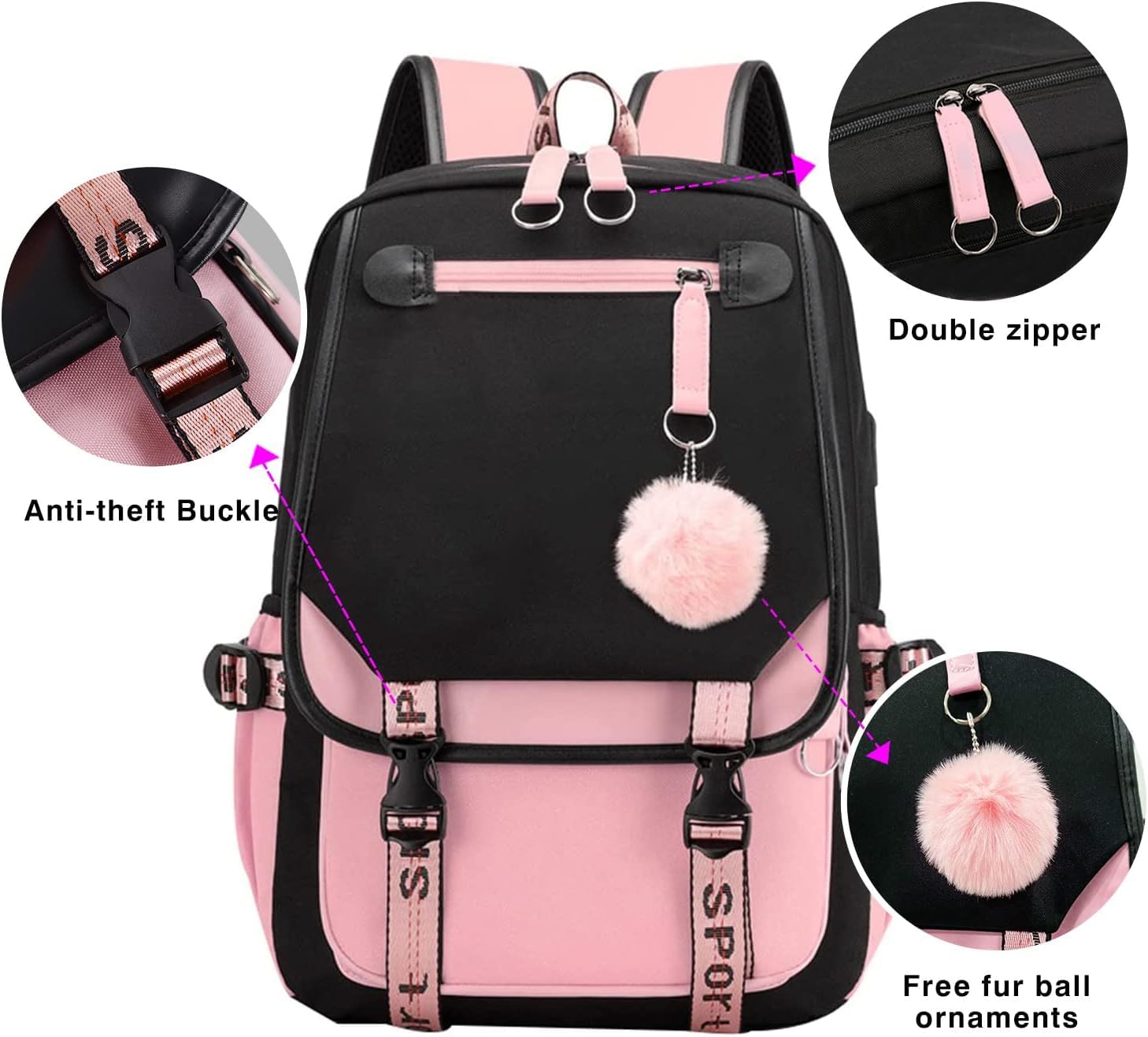 Digi4U Girls Backpack Middle School Students Bookbag,School Backpack with USB Charge Port for Teens Girls Women 3+ Years(Blackpink)