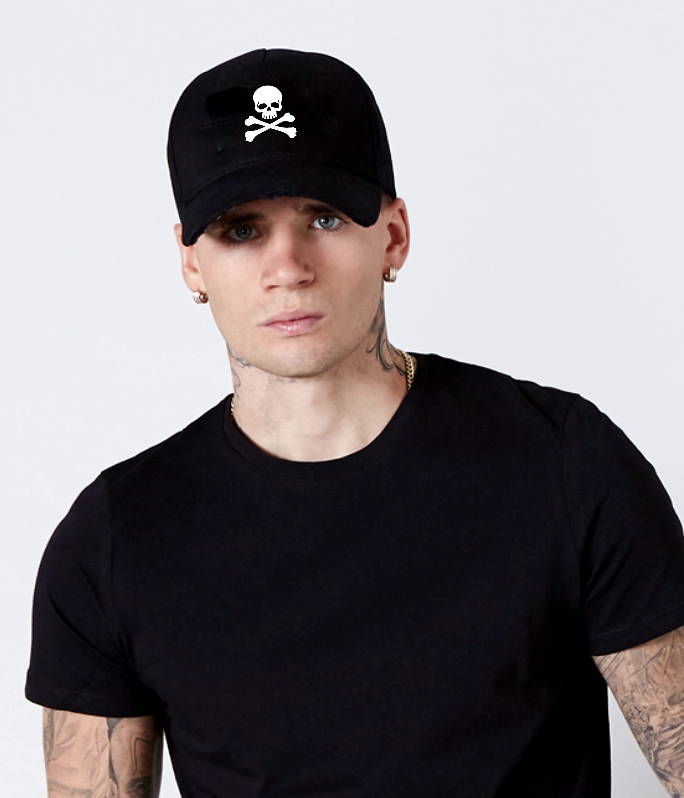 DaisyUp Skull and Crossbones Hat | Jolly Roger Flag | Pirate Hat | Black Trucker Pirate Hat One Size