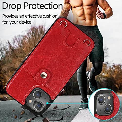 Jaorty Phone Case for iPhone 14 Plus with Card Holder for Women Men,iPhone 14 Plus Crossbody Cases with Strap Lanyard for Girl,PU Leather Anti-Lost Strap Case for iPhone 14 Plus 6.7",Red