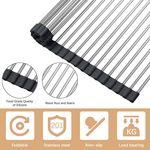 MGahyi Roll Up Dish Drying Rack, Over The Sink Drying Rack, Multipurpose 304 Stainless Steel Silicone Wrapped Steel Roll-Up , Folding Dish Rack for Kitchen Sink (Black, 17.3" x 10.2")