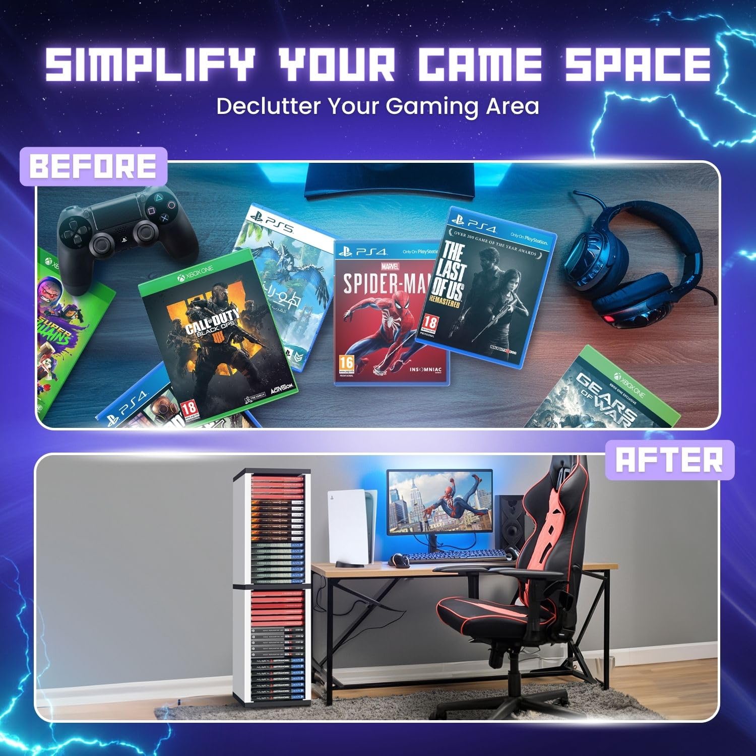 TNP Universal Video Game Storage Tower for PS5, PS4, PS3, Nintendo Switch, Xbox One, Xbox Series S/X - White Video Game Holder Organizer Stand with 36 CD Case Storage for Organizing & Displaying