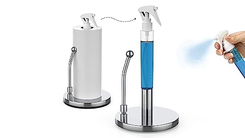 Paper Towel Holder with Spray Bottle by Elevated Essentials - Heavy Non Slip Weighted Stainless Steel Base for One Handed Operation - The Perfect Countertop Kitchen Paper Towel Holder
