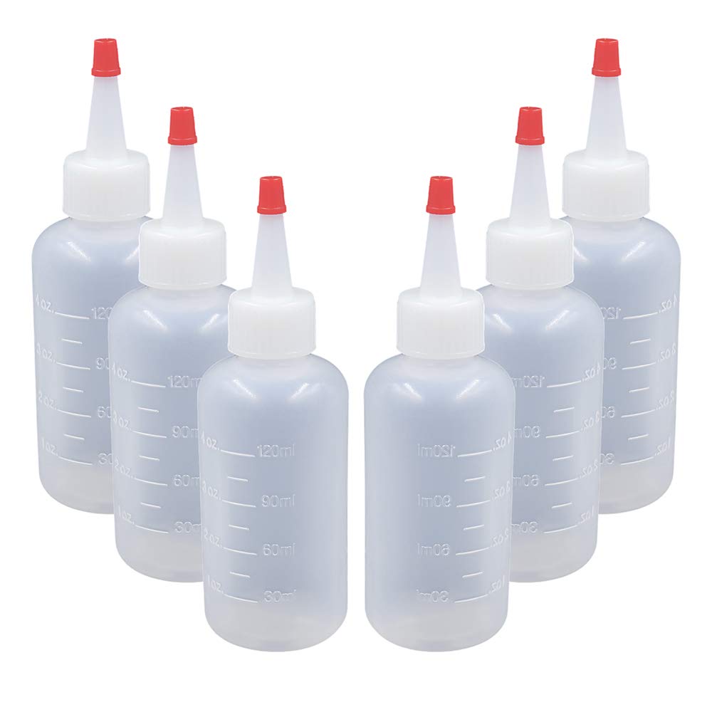 EDOBLUE Plastic Bottles 120mL with Red Tip Caps and Measurements - Small Mini Squeeze Dispensing Bottle for Arts and Crafts, Paint, Icing,Condiment, Glue, Sauces, and More ​- 6 Pack / 4 Ounce