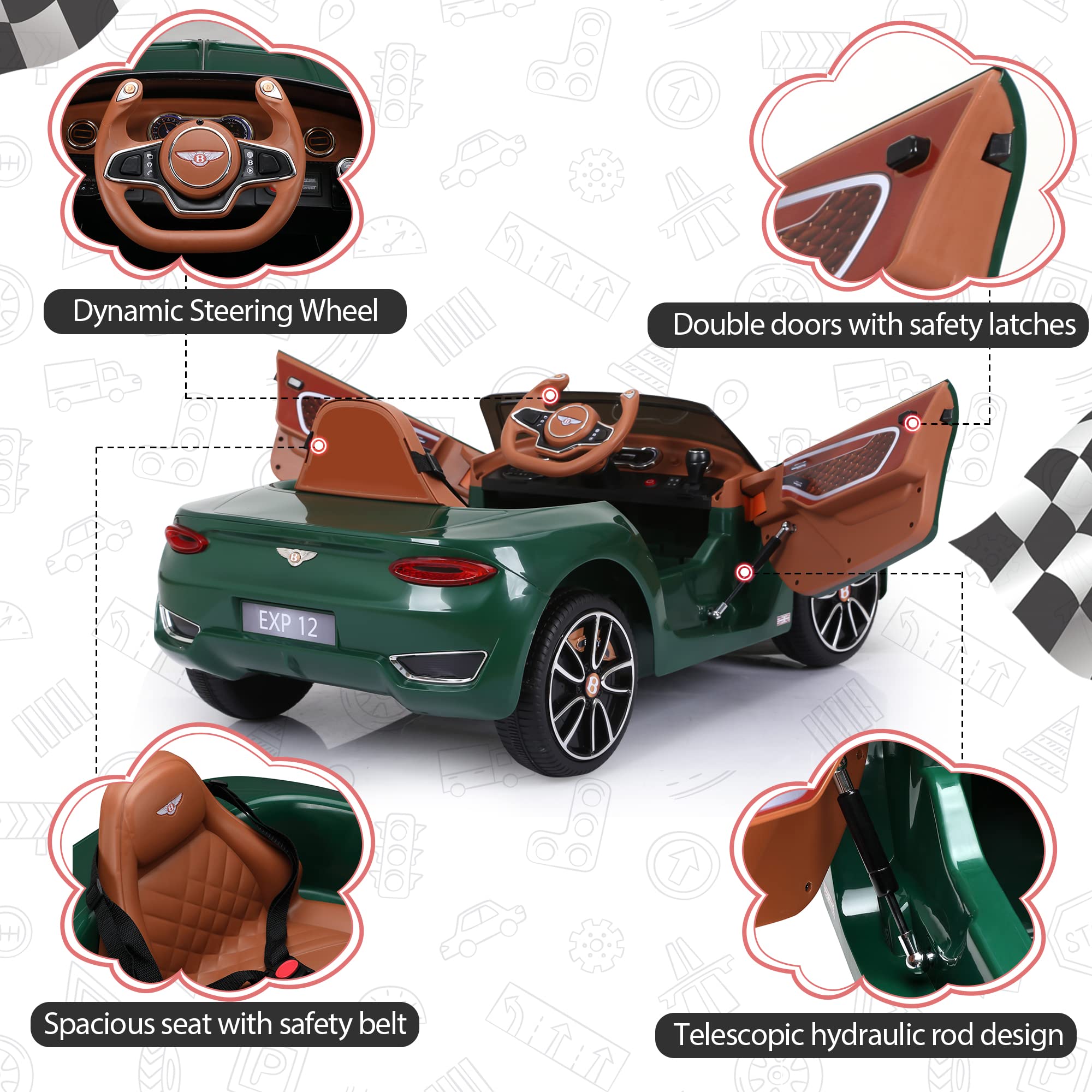 Tobbi 12V Licensed Bentley Electric Kids Ride On Racer Cars Toy Battery Powered Vehicle with Remote Control 3 Speeds MP3 USB in Blackish Green