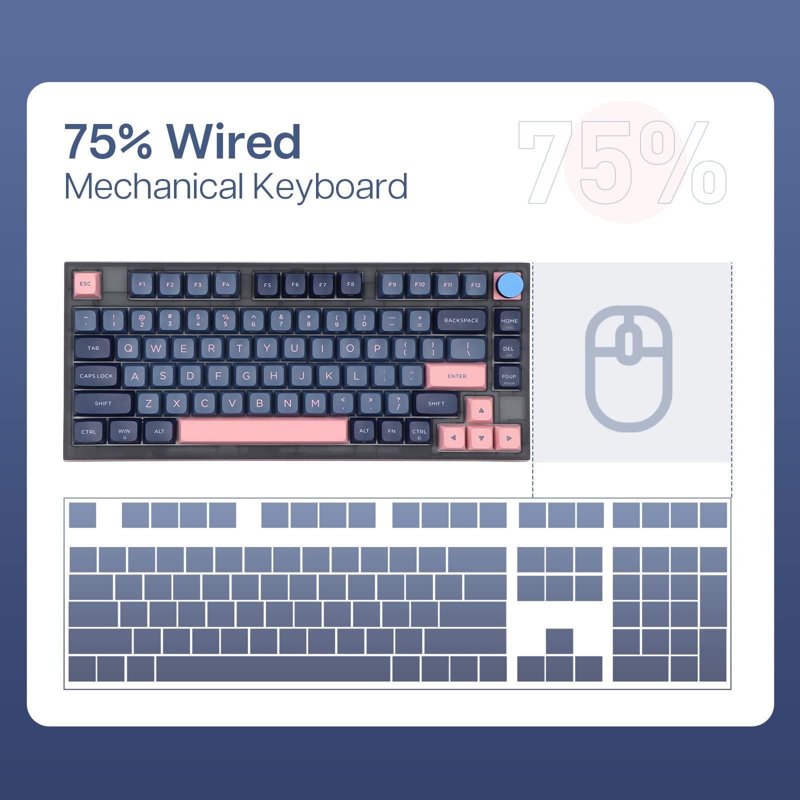 EPOMAKER SKYLOONG GK75 Lite Gasket-like Mount Wired Gaming Keyboard with A Rotary Knob, Hot Swappable Mechanical Keyboard, Programmable Custom Keyboard, for Win/Mac (Blue Pink, Gateron Optical Black)