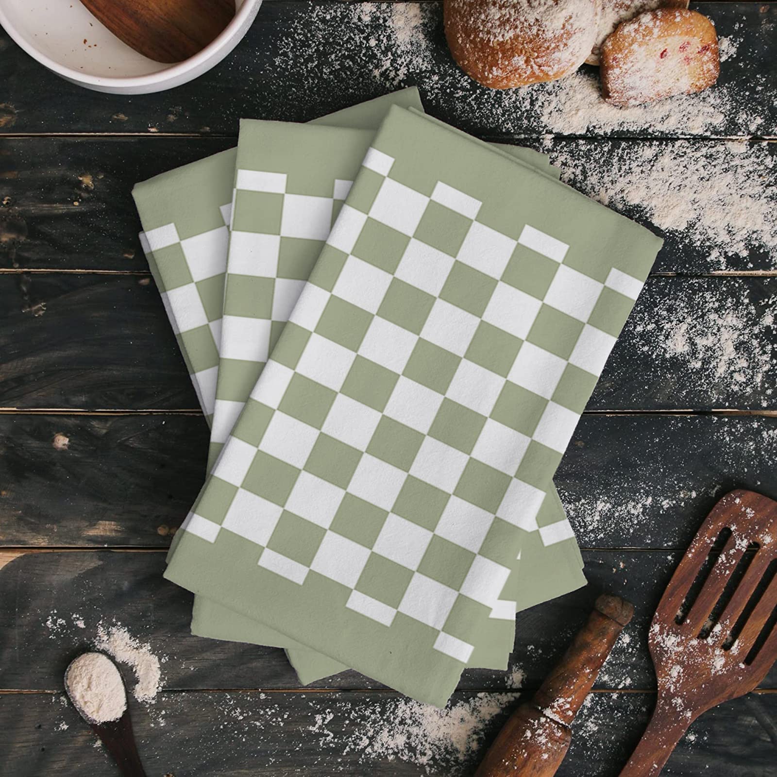 Edwiinsa Sage Green Plaid Kitchen Dish Towels and Dishcloths Sets, Country French Rustic Buffalo Check 18 X 28 Inches Absorbent Hand Towels Dish Rags with Hanging Loop for Home Cleaning (2 Pack)