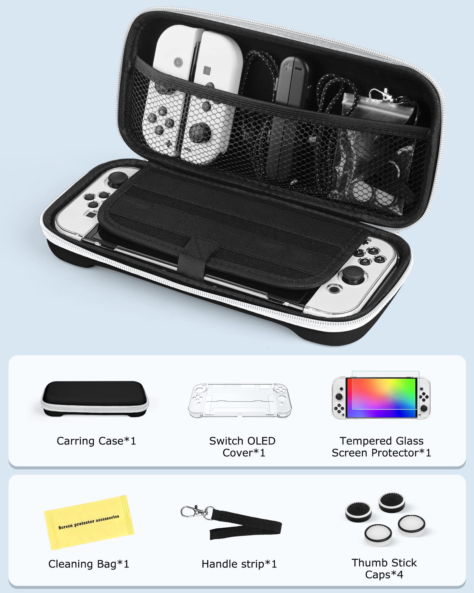 Case for Switch OLED, Portable Carrying Case for Switch OLED Accessories with Clear Protective Case Cover, Screen Protector, 4 Thumb Caps, Stoarge Case for Switch OLED 2021 Controller (Black)