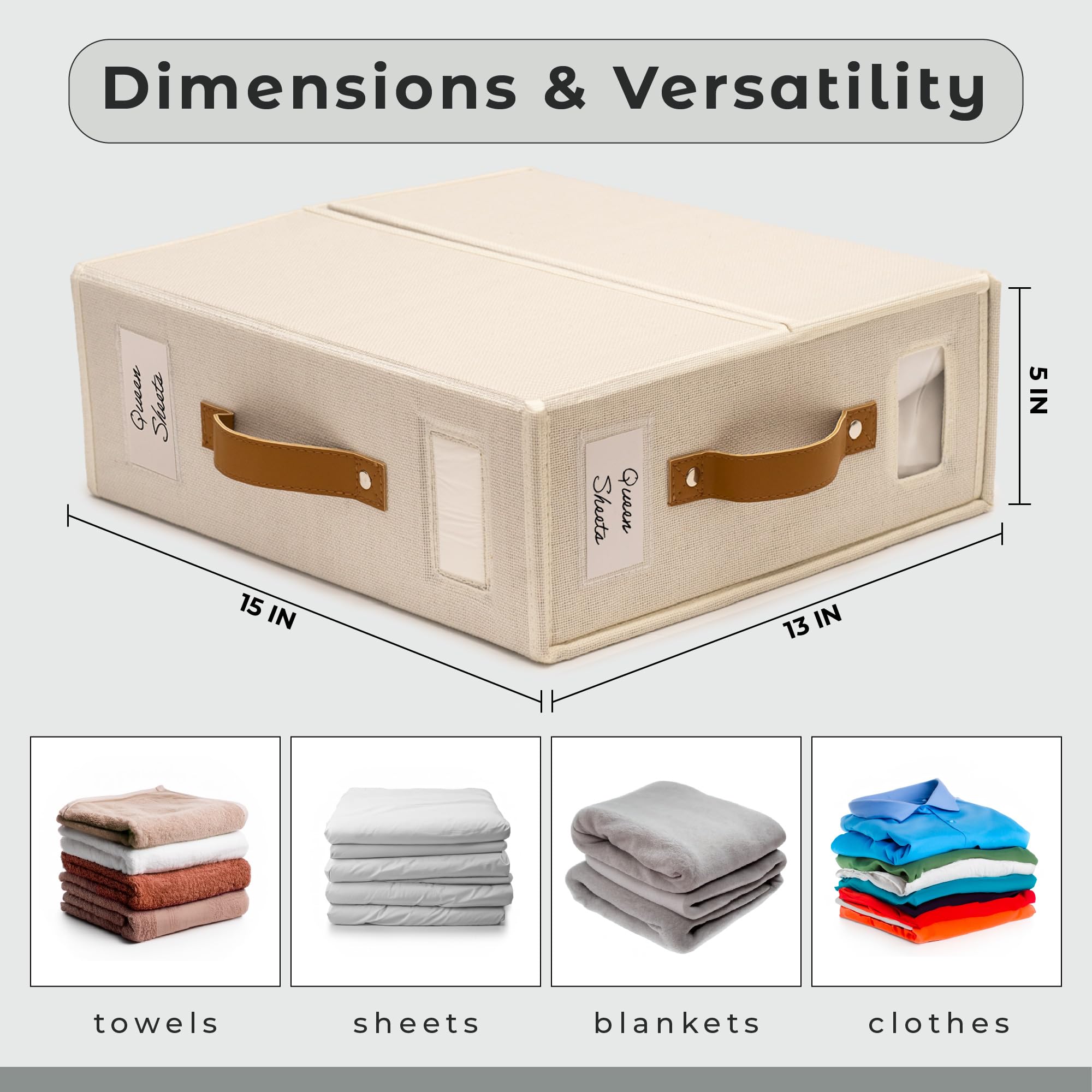 HappyHedz Sheet Organizers and Storage Bags for Bed Sheets, Linen, Blankets, Bedding - Under Bed or Closet Storage Boxes with Dual Handles and Organization Labels - (Beige, 2-pack)