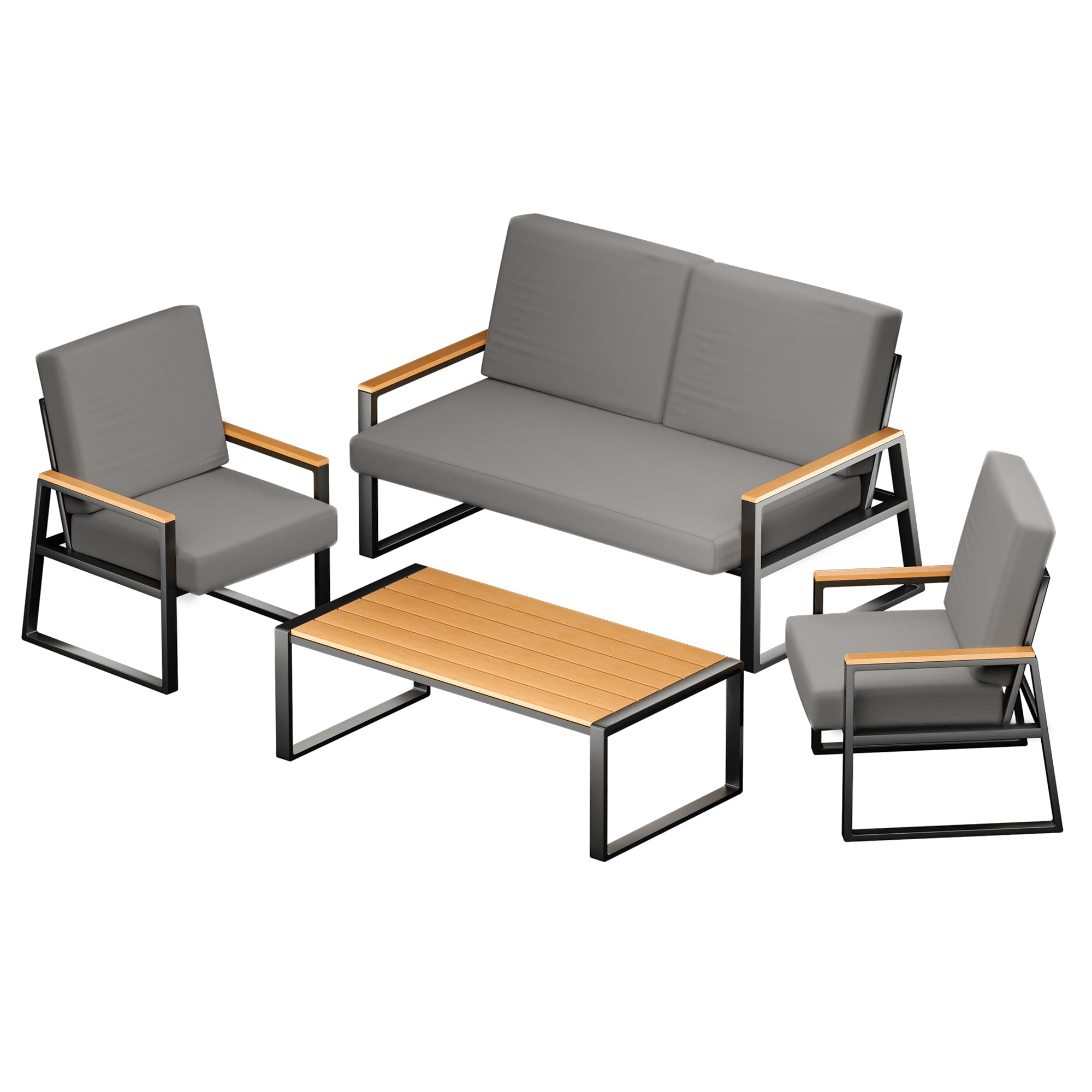 Gizoon 4-Piece Outdoor Patio Furniture Sets, Patio Conversation Set with Removable Seating Cushion, Courtyard Patio Set for Home, Yard, Poolside (Grey)