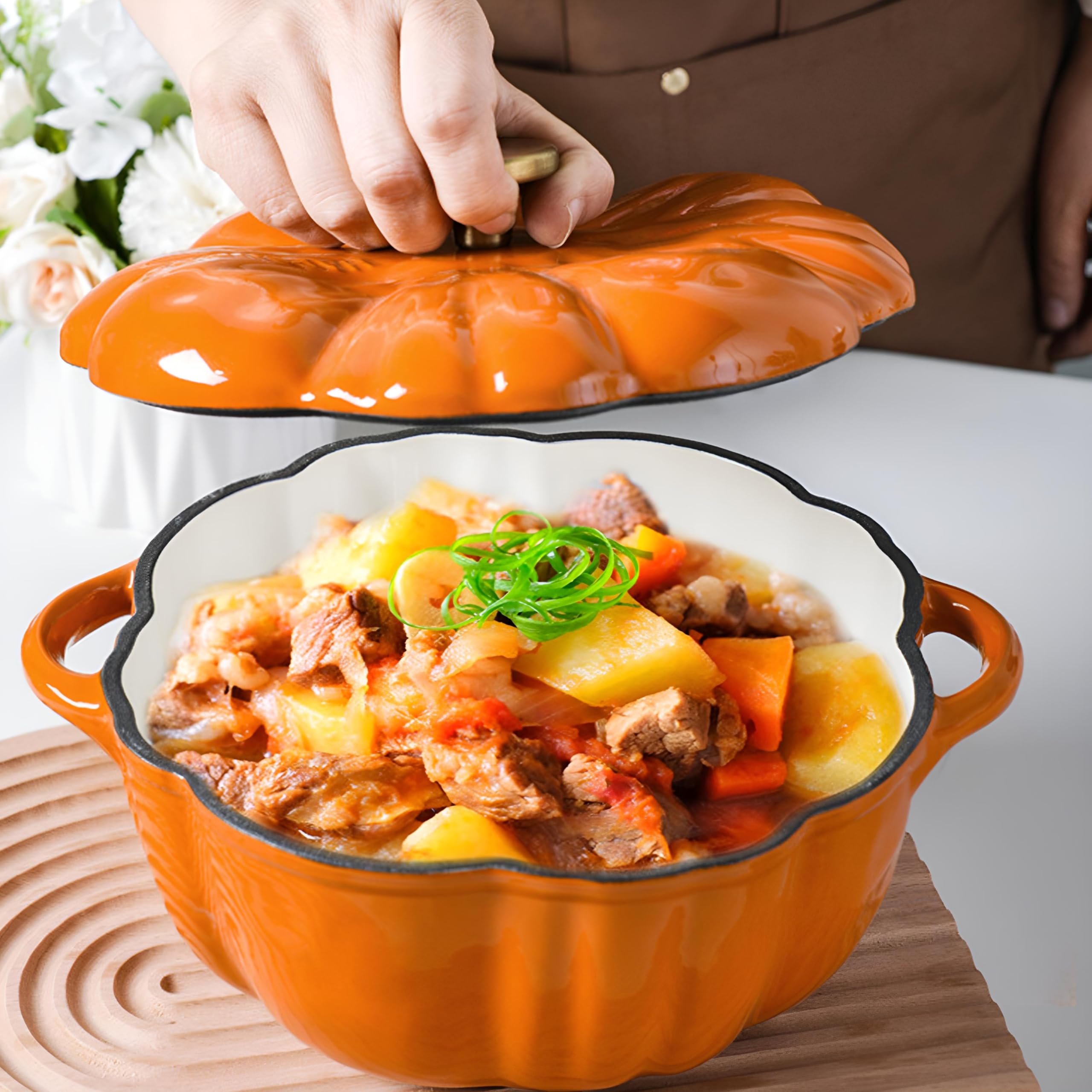 Enameled Cast Iron Dutch Oven with Lid, 1.5 qt Pumpkin Shaped Pot for Versatile Cooking,Pumpkin Dish with Big Dual Handles,Oven & Stove Safe (Orange)