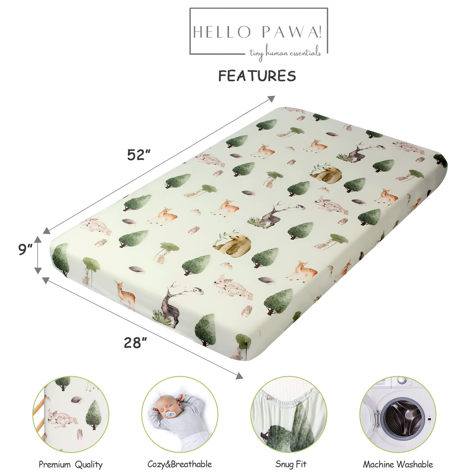 Hello Pawa! Standard Size Baby Mini Crib Sheets Animal Pattern Soft 100 Percent Cotton Fitted - Comfortable and Cozy Pack n Play Sheets for Girls, New Born Babies and Toddlers