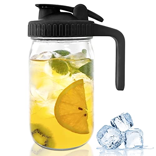 VA1KENE 32 oz Mason Jar Pour Spout Lid - Heavy Duty Glass Pitcher with Lid and Spout,Breast Milk Pitcher Airtight Seal for Freshness and Convenience,Great for Juice,Milk,Coffee,Lemonade,Drink(Black)