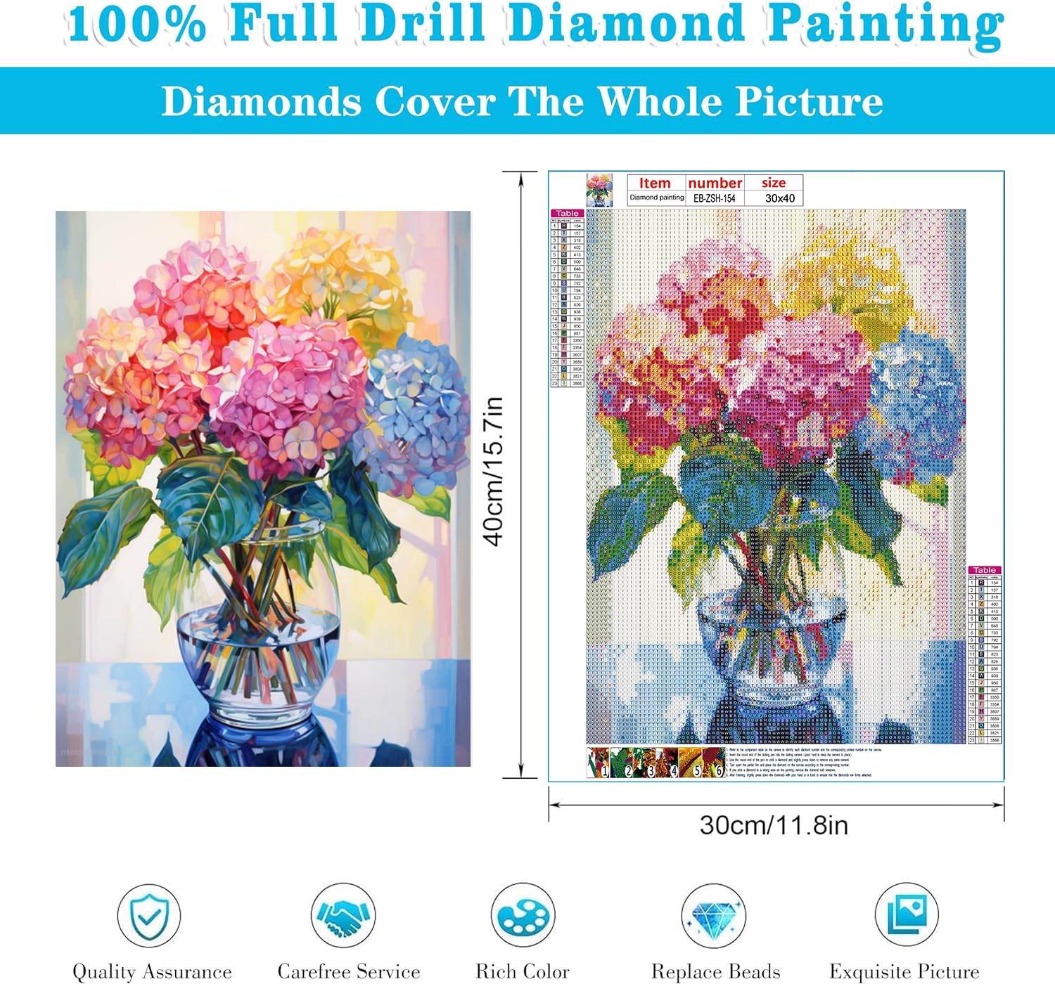 EIBEILI Diamond Painting Kits for Adults, Hydrangea in Glass 5D Diamond Art Kits for Beginner DIY Full Drill Diamond Dots Crystal Craft Kits for Home Wall Decor Gifts 11.8x15.7 inch