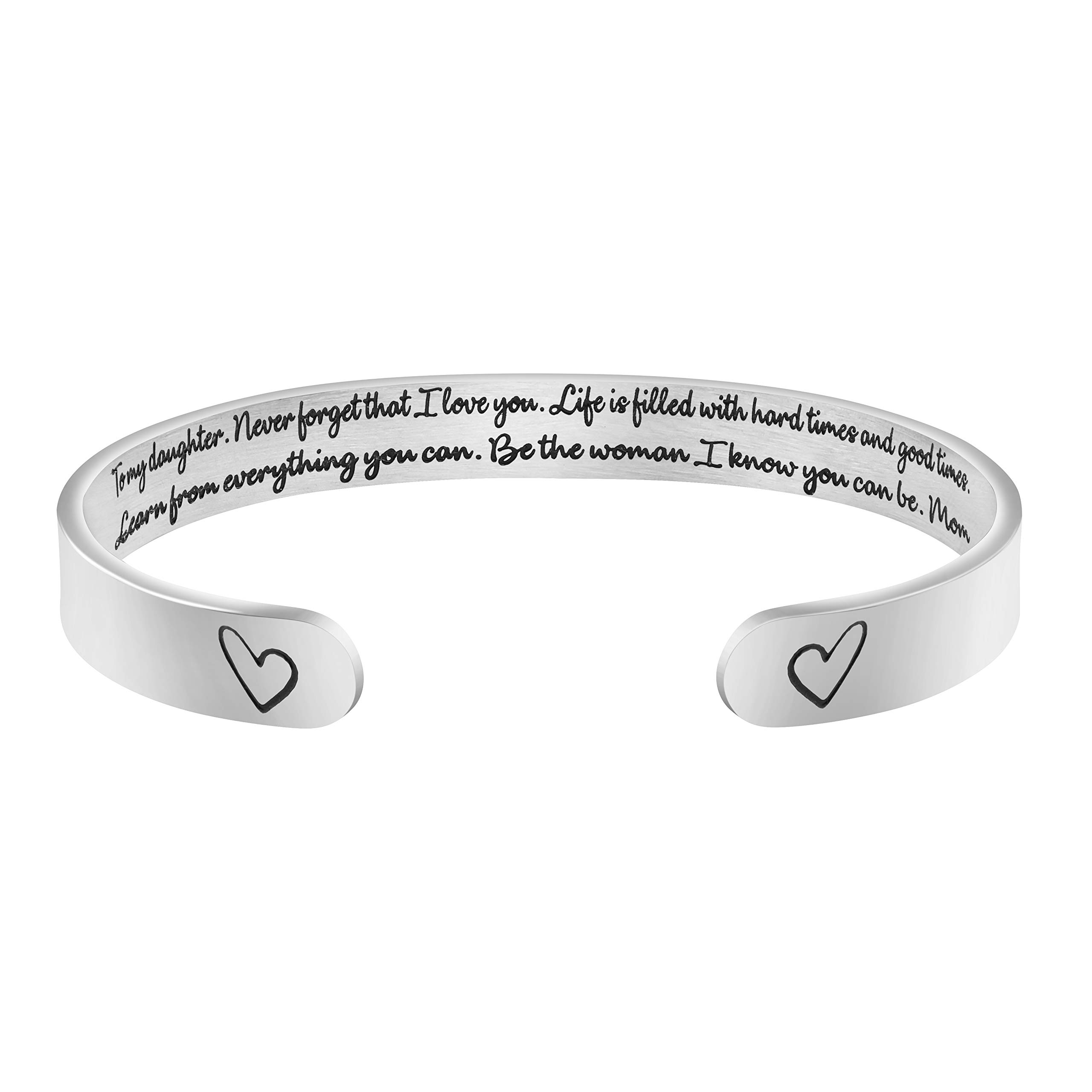 Daughter Bracelets from Mom Inspirational Handmade Fashion Simple Wide Cuff Bangle Message Engraved Birthday Christmas Gifts for Her