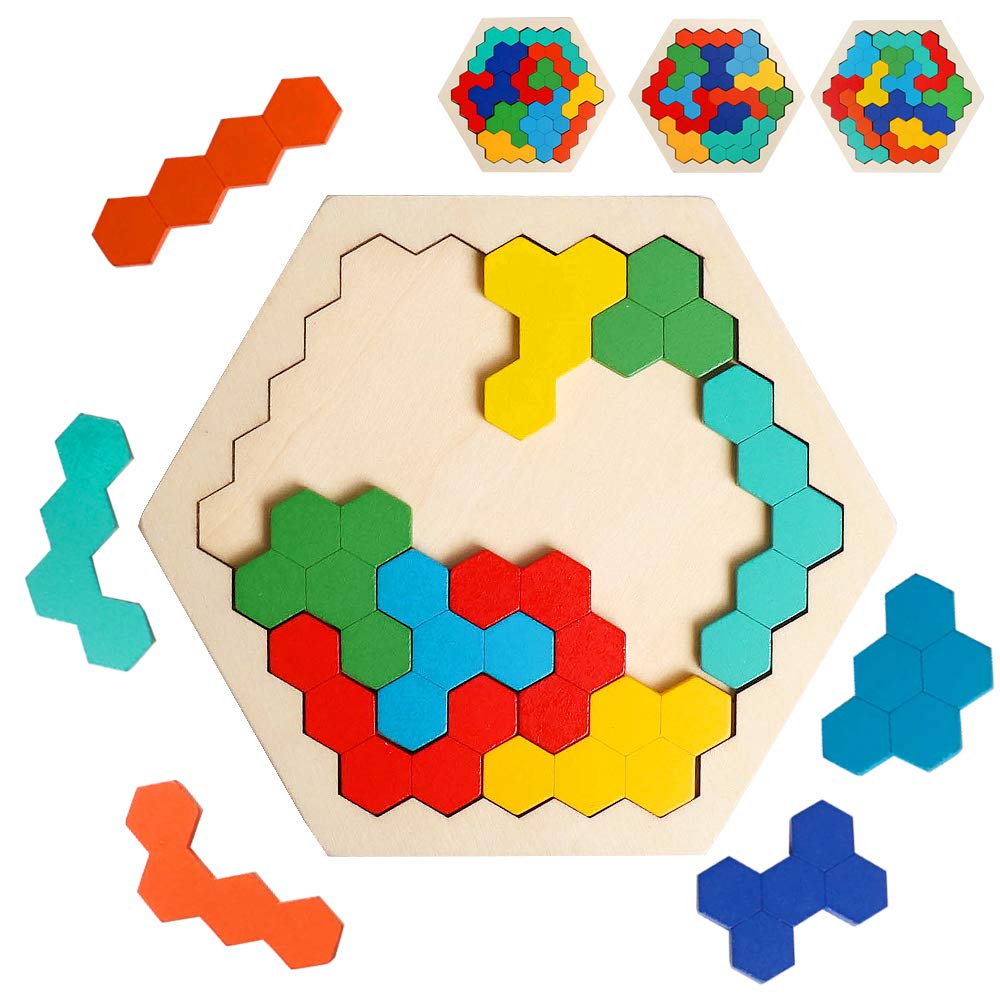 USATDD Wooden Hexagon Puzzle for Kid Adult Brain Teaser Puzzles Challenge Toy Shape Pattern Blocks Tangram Geometry Logic IQ Games STEM Montessori Educational Gift for 4-8 Boys Girls