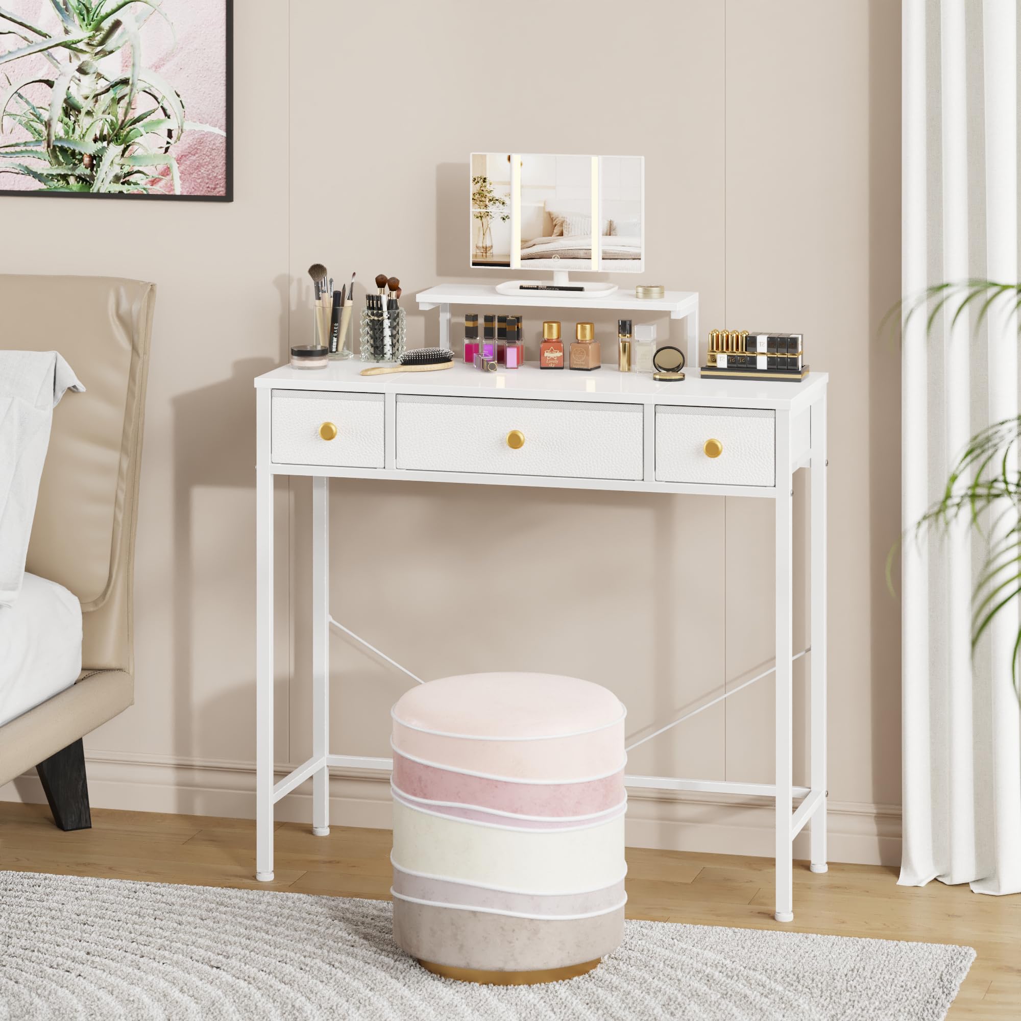 HIGDBFE Small Makeup Vanity Desk 27''W with 3 Fabric Drawers and Lighted Mirror, Vanity Table with Height-Adjustable Stand, Dressing Vanity Desk for Bedroom and Small Spaces, 27'', White