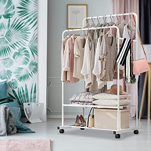 Moclever Rolling Clothes Racks For Hanging Clothes, Garment Rolling Rack With Wheels Double Rails Clothes Rack Rolling Rack For Indoor Bedroom Clothes Rack