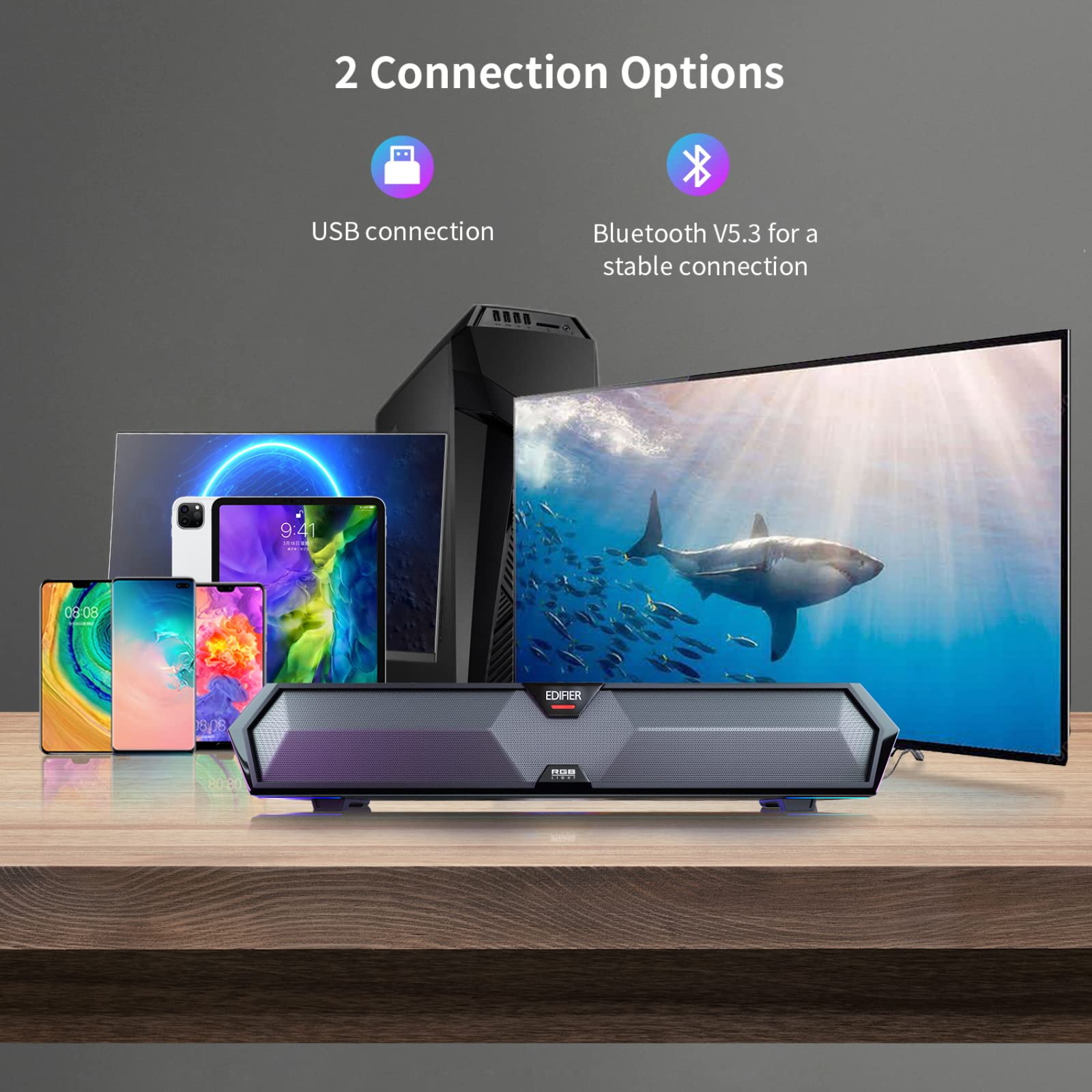 Edifier MG300 Computer Sound Bar: Loud Speakers with Deep Bass - Switch RGB Built-in Microphone for Gaming Speakers Wireless Bluetooth 5.3 & USB Adapter PC Sound Bar for Desktop