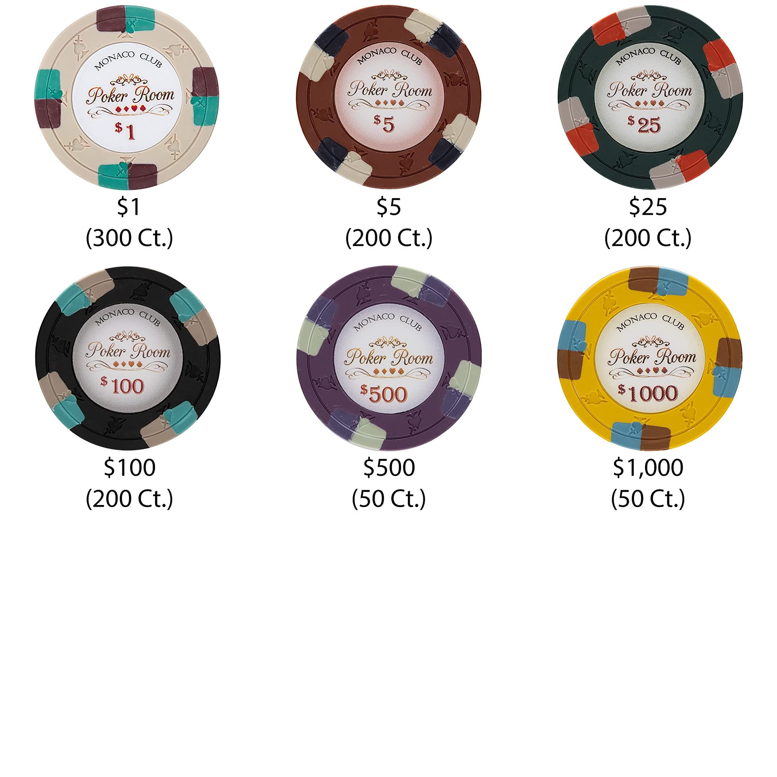 Monaco Club Poker Chip Set - 1000 Heavyweight (13.5-Gram) Clay Composite Chips with Numbers, 10 Acrylic Trays & Carrying Case - Professional Casino Supplies, Kits, Holders, & Storage Container