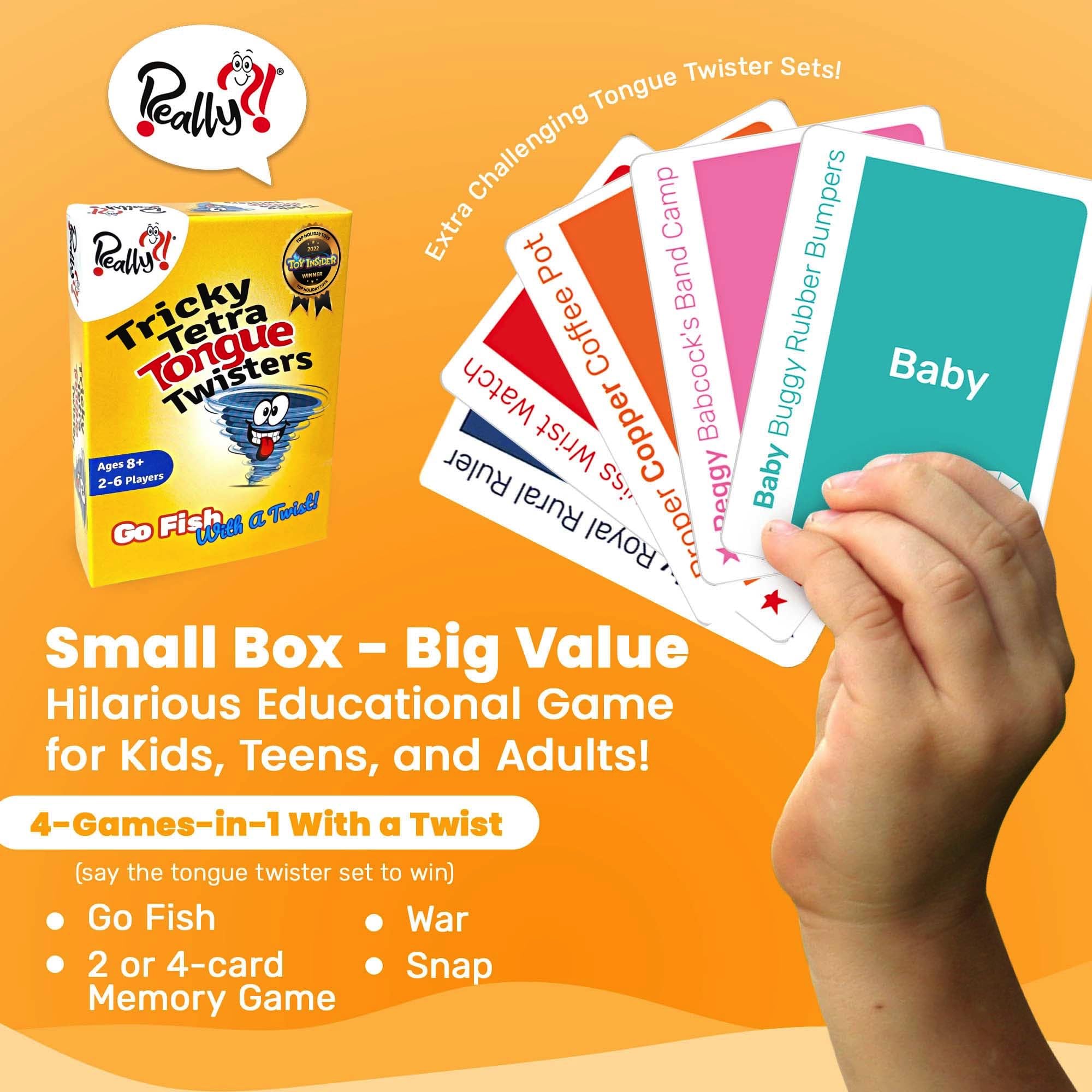 Really?! Tricky Tetra Tongue Twisters - Go Fish with A Twist, Hilarious Family Party Speech & Memory Card Game, Ages 8+