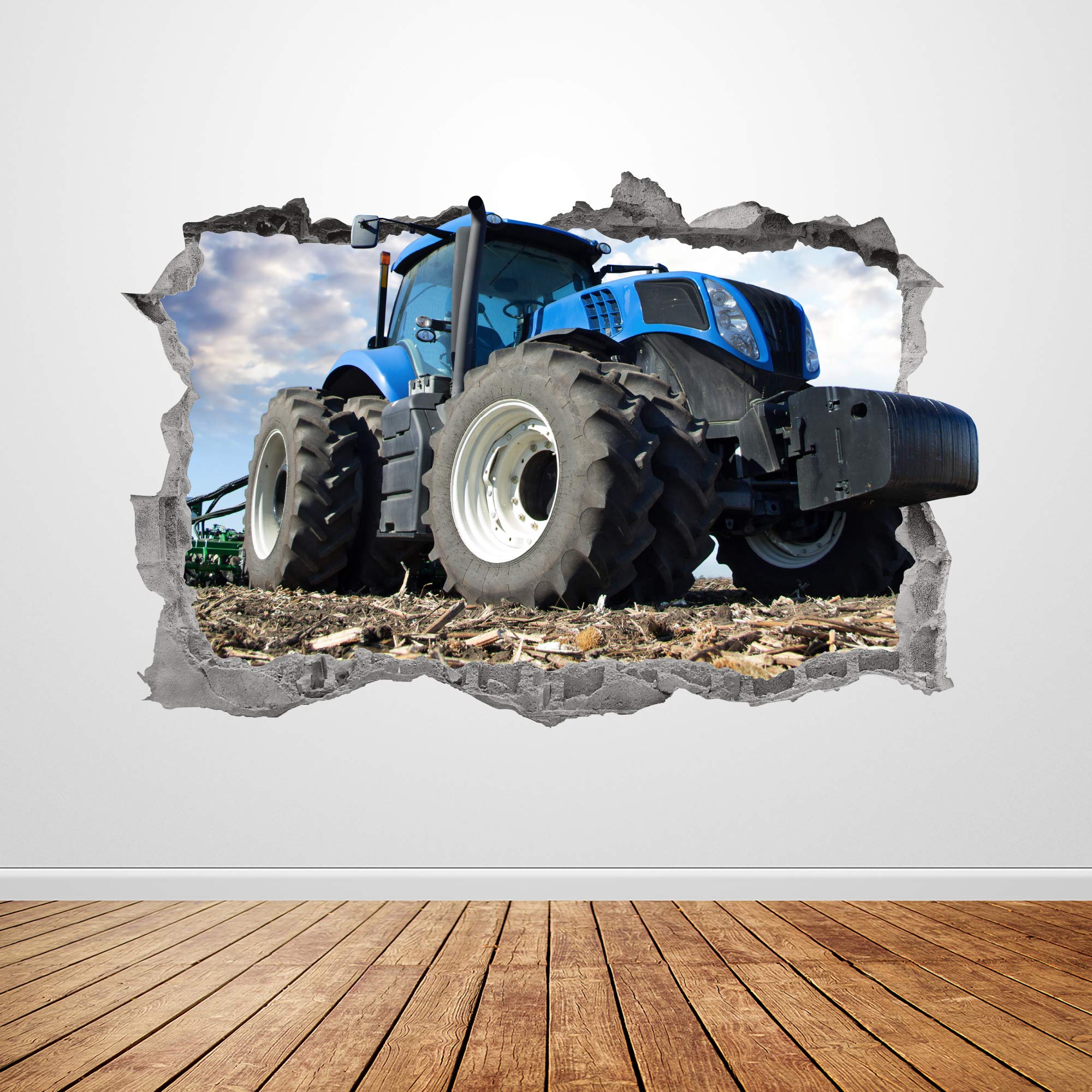 Tractor Wall Decal Art Smashed 3D Graphic Farm Blue Tractor Wall Sticker Mural Poster Kids Room Decor Gift UP359 (70"W x 46"H inches)