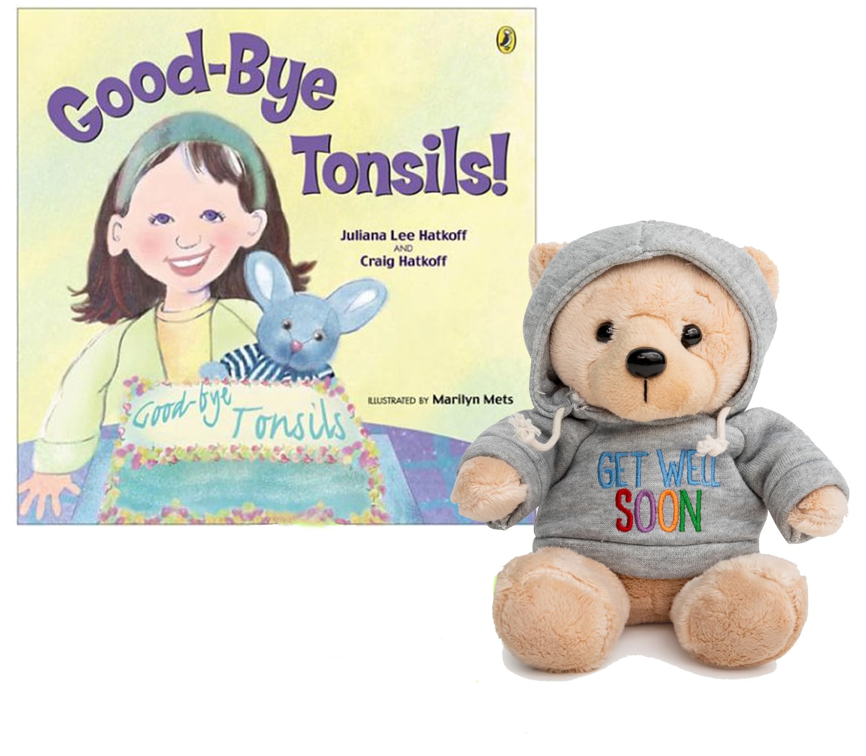 Tonsillectomy Gift Get Well Soon Teddy Bear with Goodbye Tonsils Children's Book Gift Set, Kids Tonsillectomy Recovery - Blue Gray Hoodie